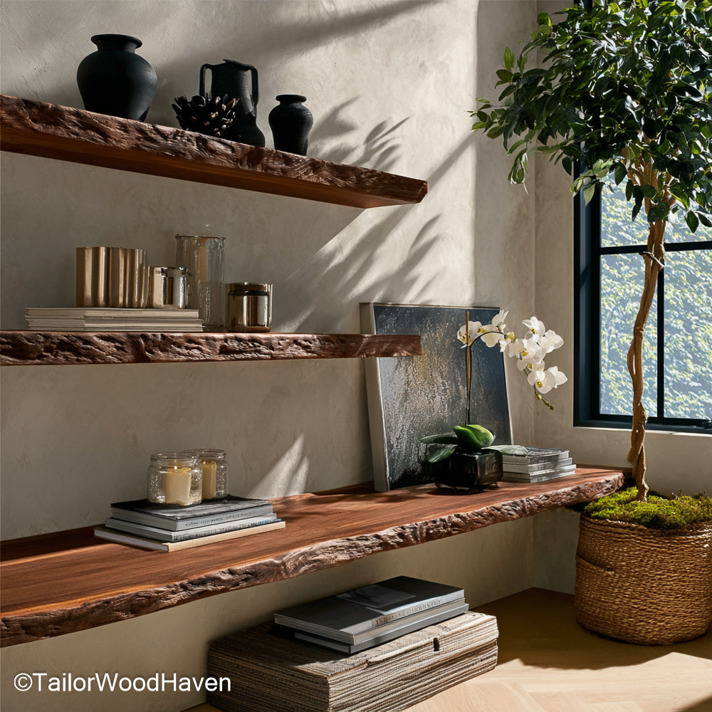 Floating walnut shelves built from solid walnut slabs with natural tex ...