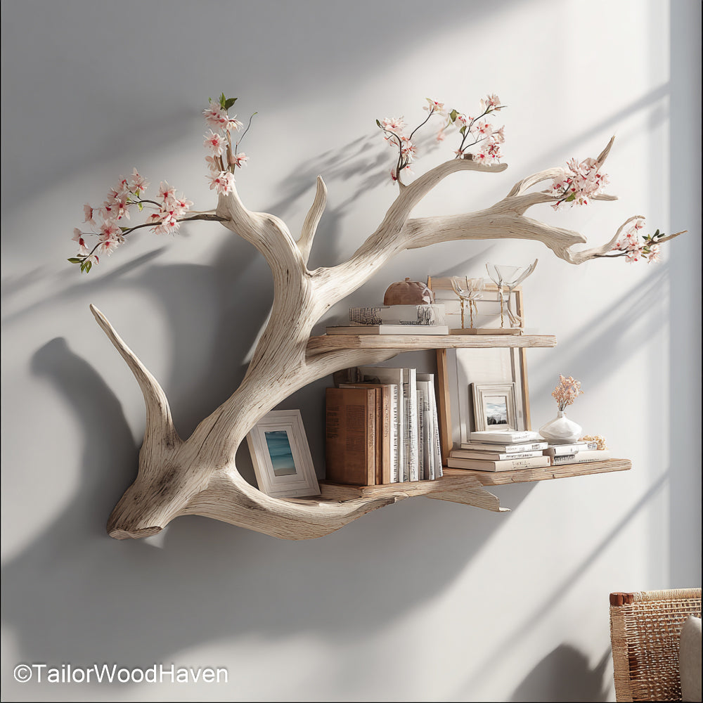 Tree Branch Floating Bookshelf – Handmade Wall-Mounted Wooden Shelf Th ...